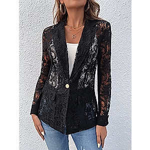 WDIRARA Women's Lace Open Front Long Sleeve Sheer Elegant Casual Blazer Jacket Black S