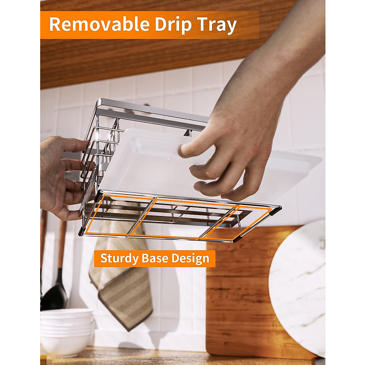 SWTYMIKI Kitchen Sink Caddy Organizer with Dishcloth Holder, Rustproof Stainless Steel Sponge Holder with Removable Drain Tray, Sink Rack Holds Sponge, Dishcloth and Brush in Silver