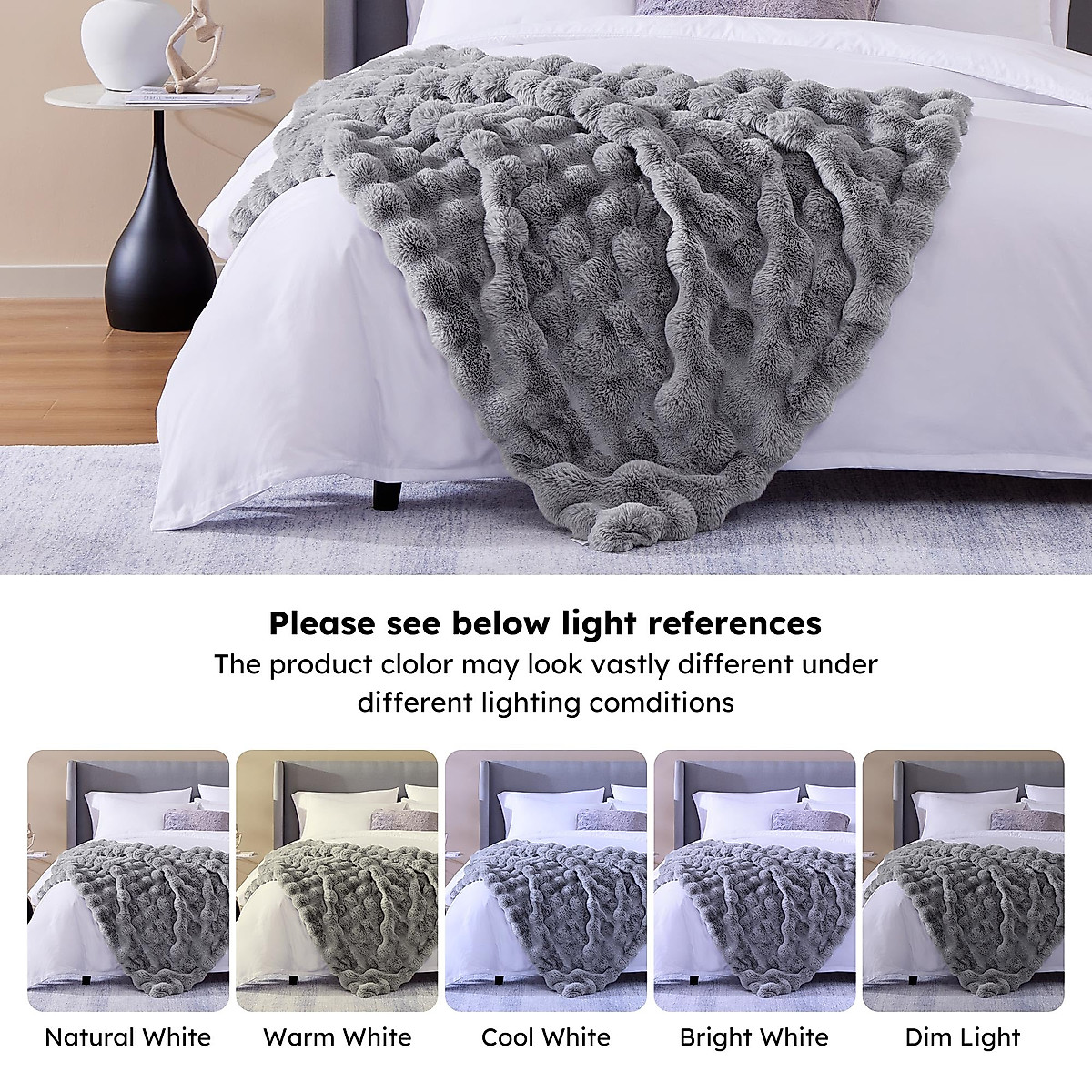 CozyBloom Luxury Soft FauxFur Throw Blanket for Couch,Decorative Cozy Plush Long Shaggy Fluffy Blanket,Grey Solid Comfy Fleece Furry Blanket,Reversible Puffy Thick Warm Blanket,50''X60''(JF003)