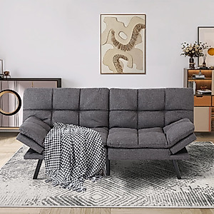 MUUEGM Convertible Futon Couch, High Density Memory Foam Futon Sofa, Ajustable Backrest Armrest Folding Futon for Living Room, Small Place, Apartment, Loveseat Daybed for Sleeper, Fabric Dark Gray