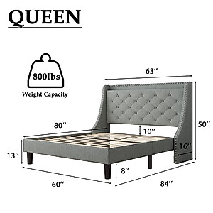 Feonase Upholstered Queen Bed Frame with Wingback Headboard, Deluxe Platform Bed Frame with Diamond Tufting & Storage Shelf, Wood Slats, Noise-Free, No Box Spring Needed, Easy Assembly, Light Gray