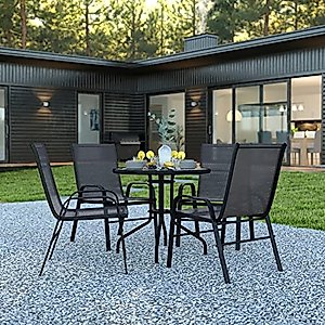 Flash Furniture 4 Black Flex Comfort Stack Chairs, 31.5" Round Tempered Glass Patio Table