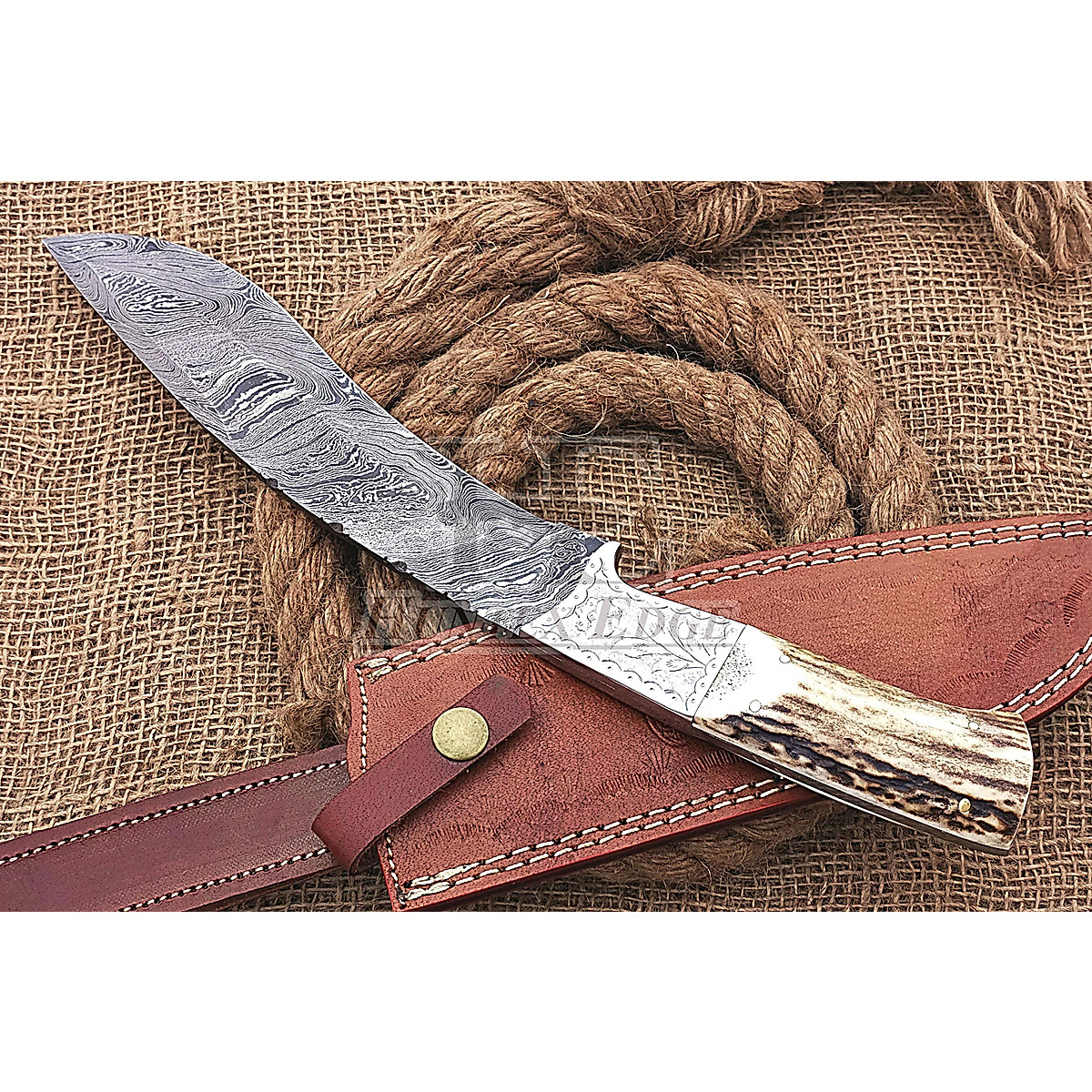 HUNTEX Handmade Hand-Forged Twist Pattern Damascus Steel 14 Inch Long Full Tang Deer Antler Handle Razor Sharp Hunting Camping Bowie Knife w/Genuine Leather Sheath