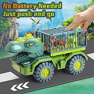 Dinosaur Carrier Truck Toys: burgkidz Kids Transport Playset with 4 Take-Apart Dino Cars & 3 Realistic Dinos Figures, Excavator Toy, Friction Powered Cars Toy Gifts for Kids Boys Girls 3 to 5 Years