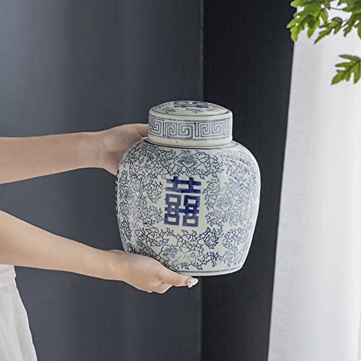 A&B Home Blue and White Ceramic Ginger Jar with Lid Ancient Chinese Oriental Style Multi Purpose