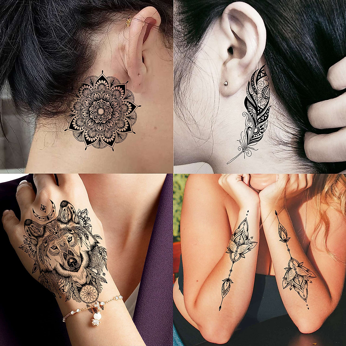 COKTAK 6 Pieces/Lot Unique Black Henna Temporary Tattoo Stickers For Adults Women Girls Feather Mandala Flower Body Art Large Big Arm Tattoos Sheet Lace Indian Mehndi Sexy Wedding Tatoos OWL