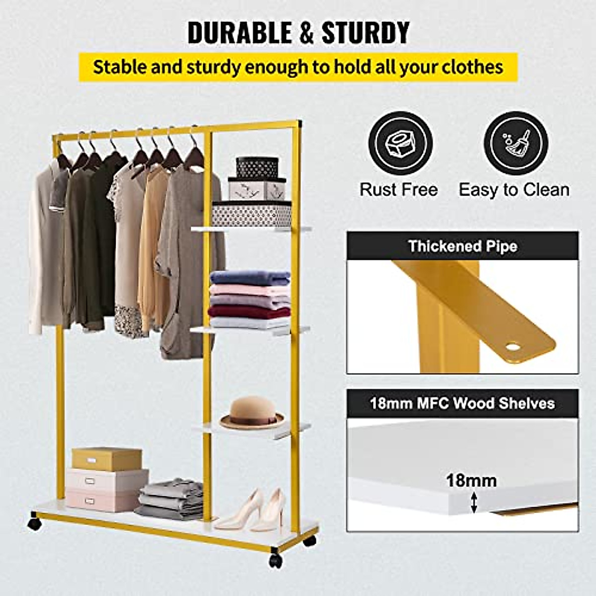 VEVOR Clothing Garment Rack, 39.4"x14.2"x59.1", Heavy-duty Clothes Rack w/Bottom Shelf & Extra 3 Side Shelves, 4 Swivel Casters, Rolling Clothes Organizer for Laundry Room Retail Store Boutique, Gold