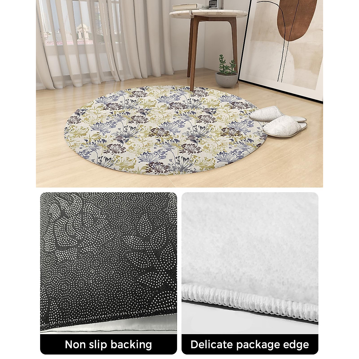 Country Rustic Flower Fluffy Round Area Rug Carpets 5ft, Plush Shaggy Carpet Soft Circular Rugs, Non-Slip Fuzzy Accent Floor Mat for Living Room Bedroom Nursery Home Decor Botanical Plant Farm Herb