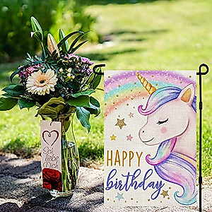 CROWNED BEAUTY Happy Birthday Garden Flag 12x18 Inch Double Sided Girl Unicorn Rainbow Outside Welcome Party Decoration Gift Yard Flag