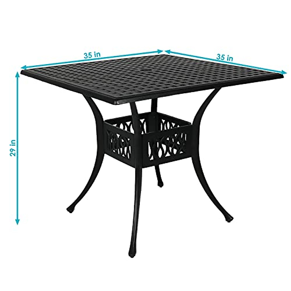 Sunnydaze Square Patio Dining Table - Outdoor Heavy-Duty Black Cast Aluminum - 4-Person Outside Patio Furniture with Umbrella Hole - Modern Dinette Table - Outdoor Patio Table - 35-Inch