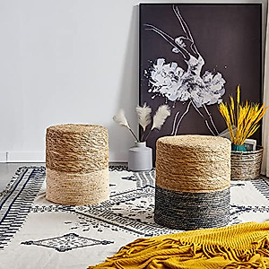 Wimarsbon Natural Seagrass Foot Stool, Hand Weaving Round Ottoman, Poof Pouffe Accent Chair, for Living Room, Bedroom, Nursery, kidsroom, Patio, Gym, Outdoor Seat - Natural & Blue