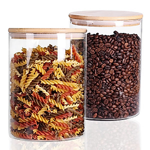 CZFWin Set of 2 Glass Flour Container with Airtight Bamboo Lid, Large Glass Food Jar with Wooden Lid for Storage Flour, Sugar, Cookies, Rice, Coffee Beans(3L)