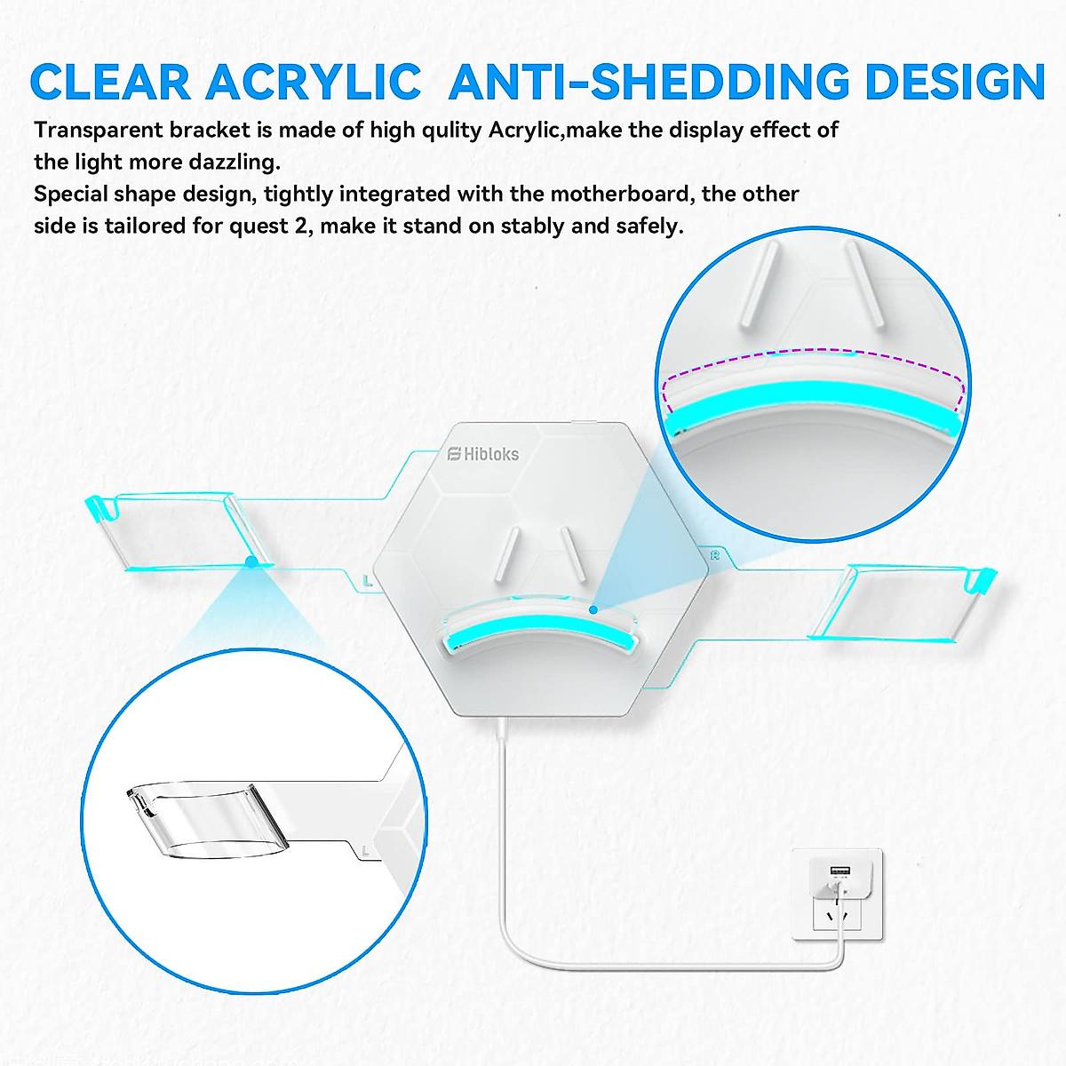 HiBloks RGB Wall Mount Charging Station for Meta/Oculus Quest 2 Accessories, Magnetic Controller & Headest Charger with 2 Rechergeable Batteries, Battery Cover and USB-C Charger Cable