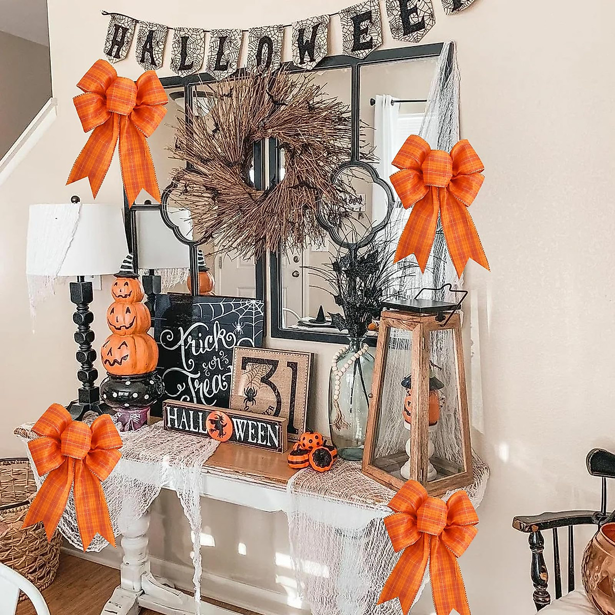 TONIFUL 2.5 Inch Orange Stripe Burlap Ribbon Wired Edge Ribbon Thanksgiving Fall Halloween Christmas Wired Ribbon for Crafts Gift Tree Topper Wreath Bows Outdoor Indoor Decorations 6yds