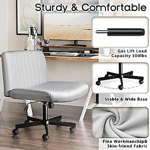 PUKAMI Criss Cross Chair with Wheels,Fabric Padded Armless Cross Legged Office Desk Chair for Home Office,Modern Swivel Height Adjustable Wide Seat Computer Task Vanity Chair(Grey)