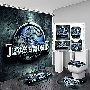 Dinosaur Bathroom 4 Pieces Set Shower Curtain, Toilet Lid Cover and Bath Mat, Non-Slip Rugs, Durable and Waterproof, for Bathroom Decor Set, 72" x 72"