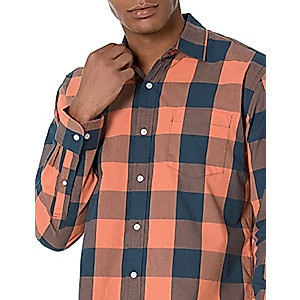 Amazon Essentials Men's Regular-Fit Long-Sleeve Casual Poplin Shirt, Navy Orange Buffalo, X-Large