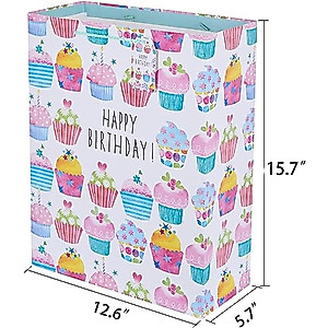 SUNCOLOR 16" Extra Large Gift Bags for Birthday Party with Tissue Paper(2 Pack, Cupcake)