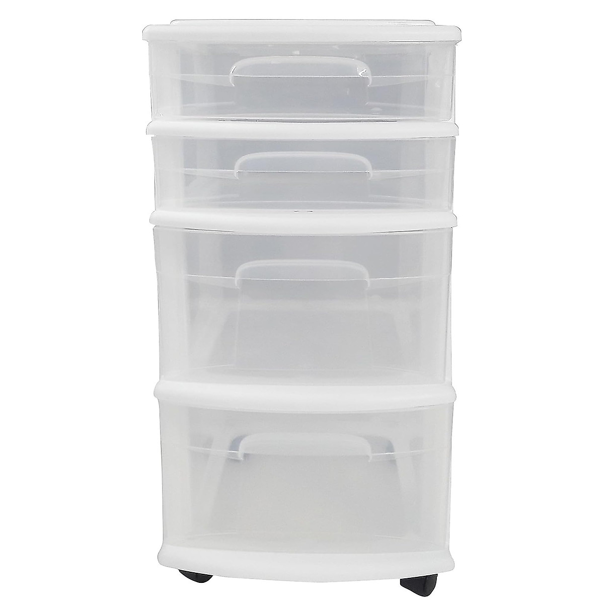 Homz Clear Plastic 4 Drawer Medium Home Organization Storage Container Tower w/2 Large and 2 Small Drawers, and Removeable Caster Wheels, White Frame