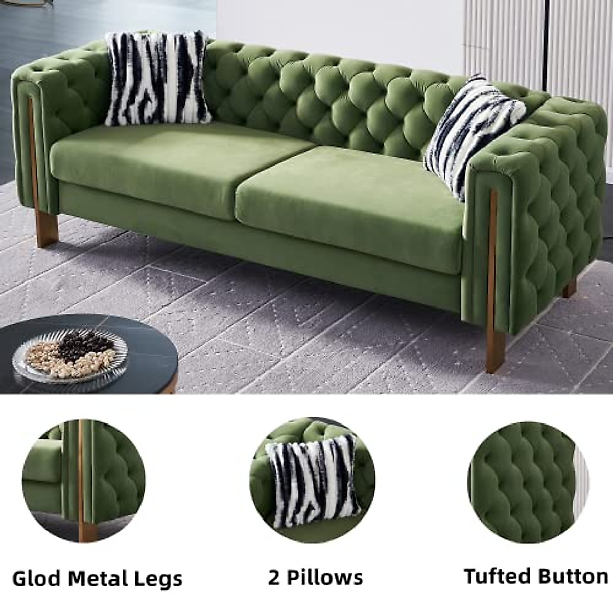 Melpomene Modern Button Tufted Velvet Sofa, Chesterfield Sofa with Square Arm,Gold Metal Legs and 2 Throw Pillows for Living Room(Mint Green)