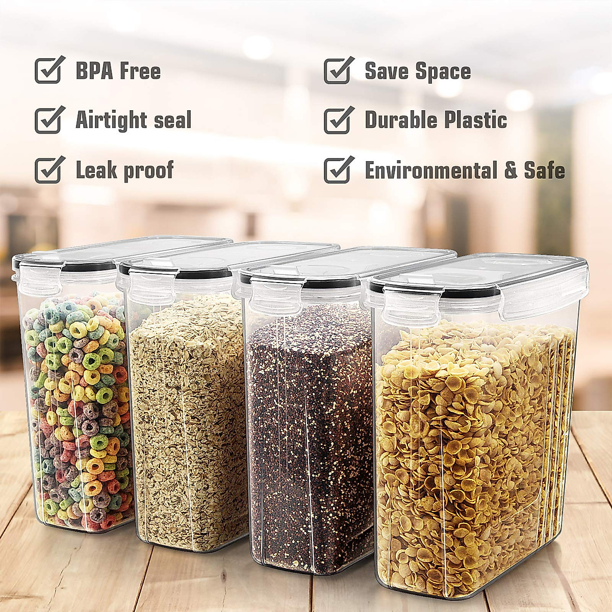 Cereal & Dry Food Storage Containers, Wildone Airtight Cereal Storage Containers Set of 8 [2.5L / 85.4oz] for Sugar, Flour, Snack, Baking Supplies, Leak-proof with Black Locking Lids