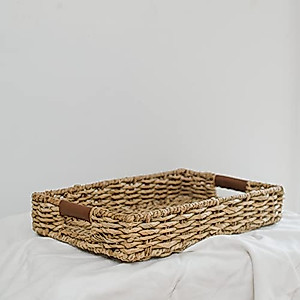 Large Decorative Rattan Woven Serving Tray + Leather Handles 20''x12’,Rectangle Wicker Centerpiece,Boho Kitchen + Home Decor Basket,Coffee Table Organizer,Summit Living,All Occasions Tan