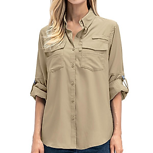 Women's UPF 50 Long Sleeve Safari Shirts,Sun Protection Quick Dry Outdoor Fishing Hiking Gardening Shirt,F5026,Khaki,L