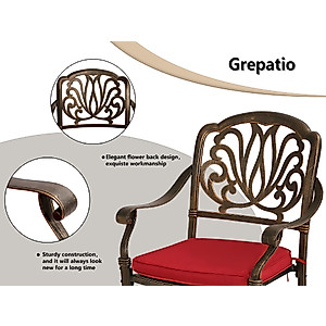 Grepatio 5 Piece Cast Aluminum Patio Dining Set Outdoor Furniture Set Patio Garden Set with 4 Ding Chairs, 4 Cushions and 35.4" Square Patio Table 2.4" Umbrella Hole, Antique Bronze (Red)