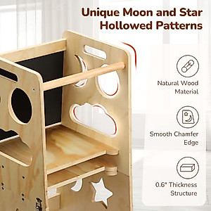 4 in 1 Convertible Learning Tower for Toddlers, MONBLAM Foldable Kitchen Step Helper Stool with Adjustable Height & Safety Rail for 1.5-5Y Kids Kitchen Bathroom Counter