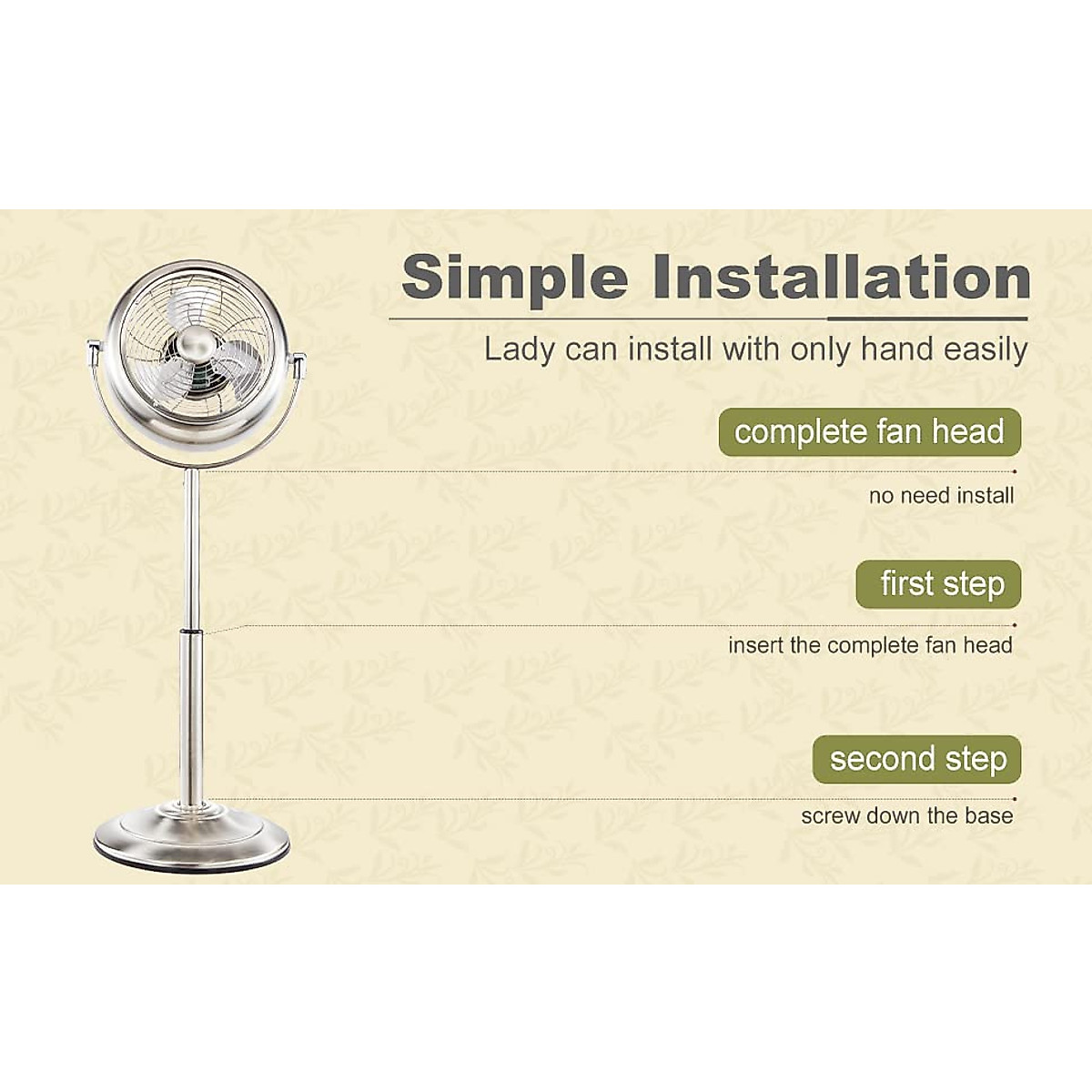 Mros Circulator Fan, Metal Stand up Pedestal Fan,Quite Silence Fan,3-Speed and Adjustable in Height for office, home, bedroom and living room especially ideal for ladies and babies(Brushed Nickel)