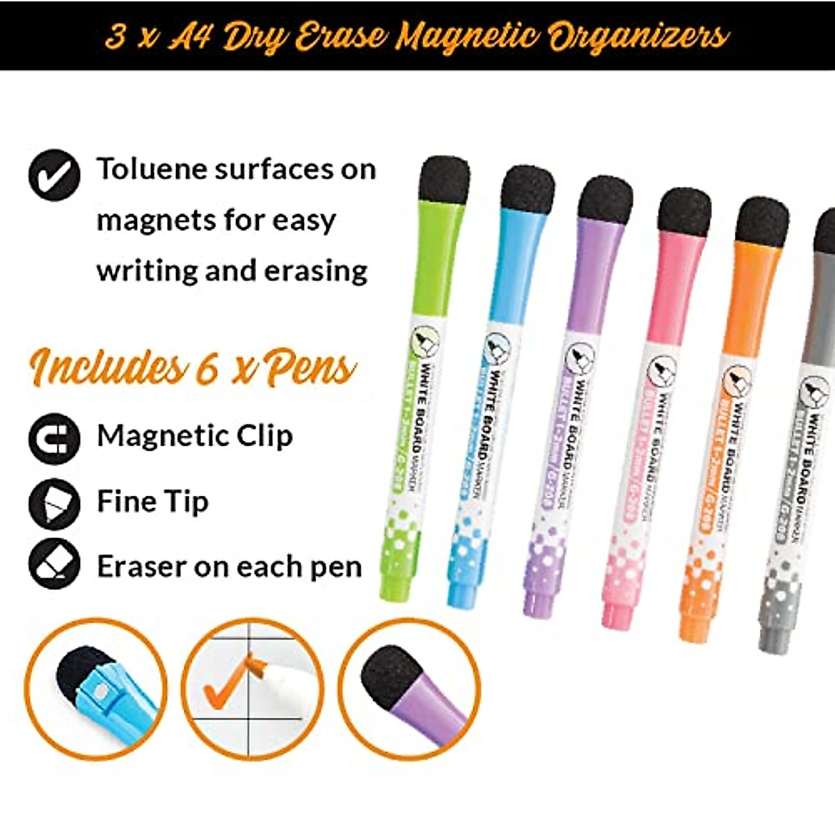 Howlin' Homewares Magnetic Dry Erase Board for Fridge - Stain Resistant Refrigerator Calendar with Fine Tip Markers and Large Eraser - Magnetic Whiteboard Weekly Planner
