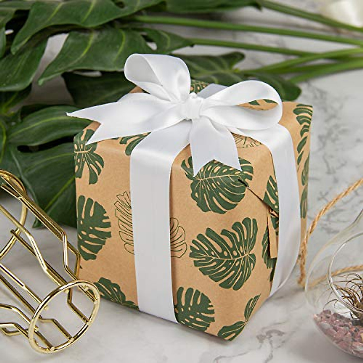 RUSPEPA Kraft Wrapping Paper Roll - Monstera Design Great for Summer, Holiday and Special Occasion Wrap - 24 inches X 100 feet