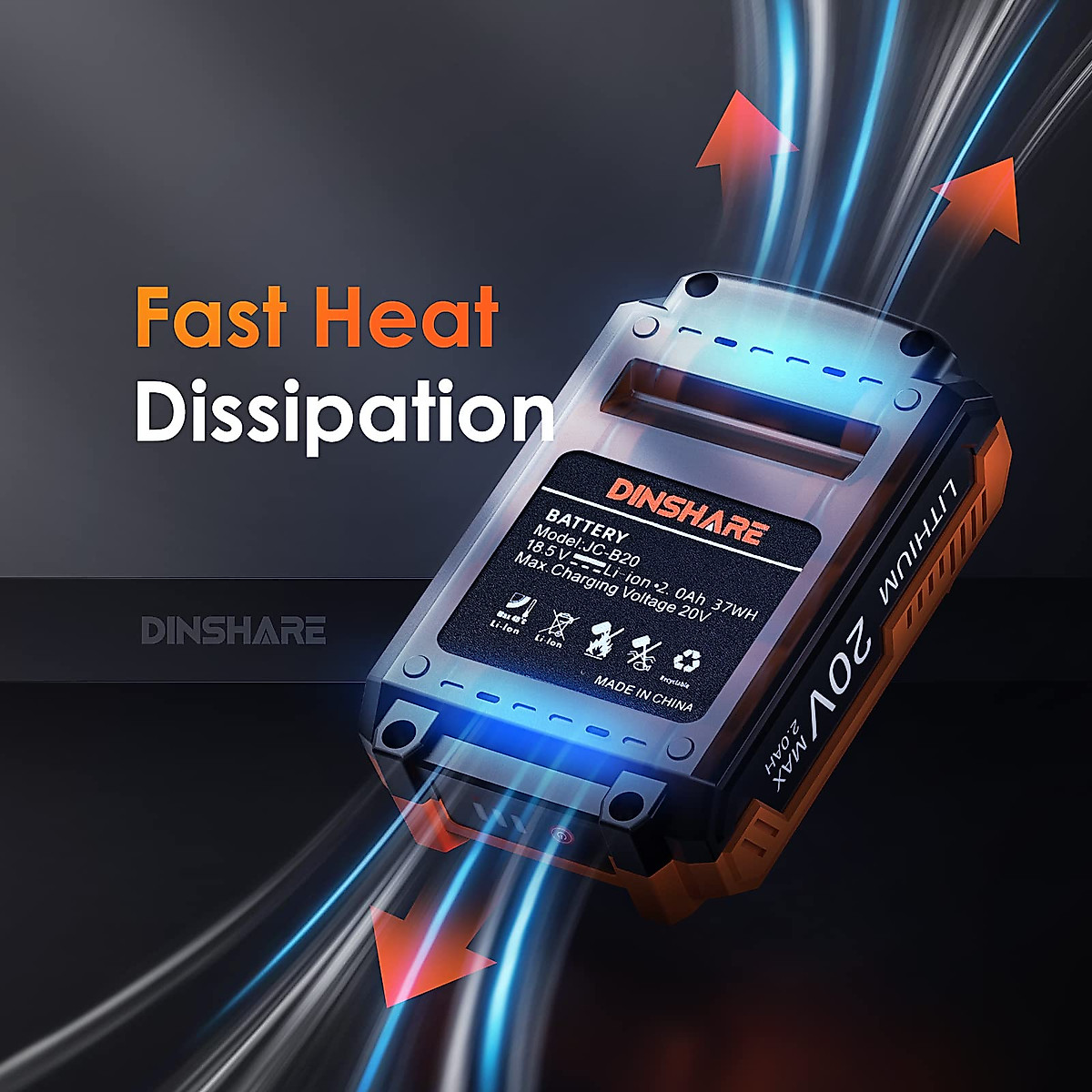 DINSHARE 20V 2.0Ah Battery Fast 2000mAh Lithium-ion Battery Packs for Cordless Tools, Long Life Li-ion Battery Leaf Blower (JC-7001) and Mini Chainsaw (JC-6001), Support Fast Charging