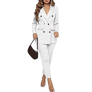 Women Double Breasted Blazer Set Formal 2 Piece Pants Outfits Long Sleeve Bussines Suit Set for Work Office White L
