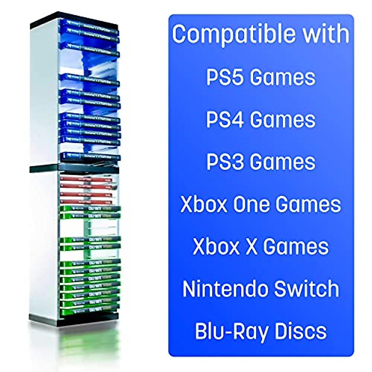ADZ Universal Game Storage Tower – Stores 36 Game or Blu-Ray Disks – Game Holder Rack for PS4, PS5, Xbox One, Xbox Series X/S, Nintendo Switch Games and Blu-Ray Discs (White)