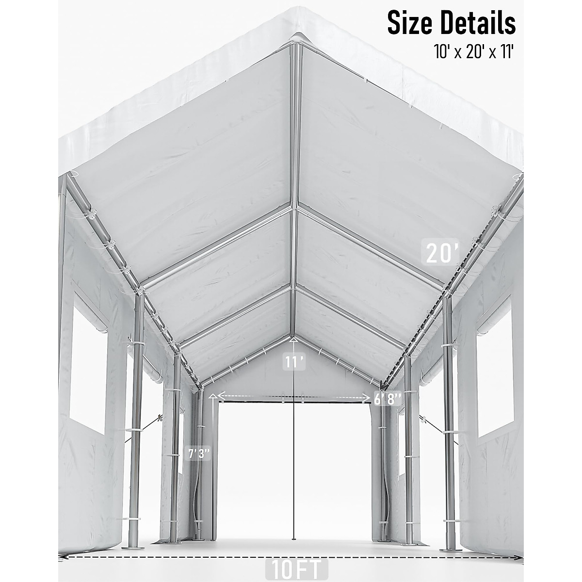 KYBOLT 10 x 20 Ft Heavy-Duty Carport, Portable Garage, 180g PE Waterproof Canopy and 8 x 1.0 mm Poles for Full-Size Pickup Trucks, Boats, and SUVs - White