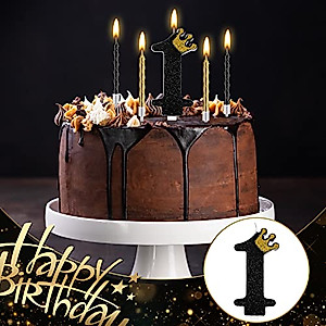 13 Pieces Celebration Candle Set Including Black Glitter Number 1 Birthday Candle with Crown 6 Pcs Black Spiral Candle 6 Pcs Gold Thin Spiral Cake Candles for Birthday Kids Cake Topper Party Supply