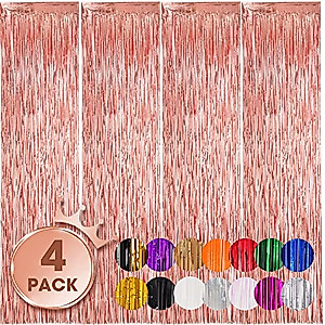 Voircoloria 4 Pack Rose Gold Foil Fringe Backdrop Curtains, Tinsel Streamers Birthday Party Decorations, Fringe Backdrop for Graduation, Baby Shower, Gender Reveal, Disco Party