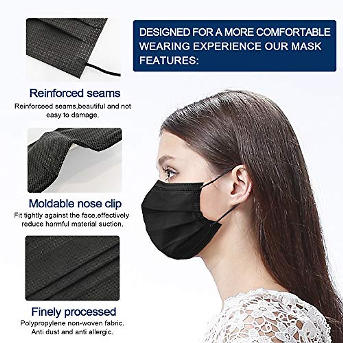 T·IMTEX Disposable 3 Ply Face Mask with Elastic Ear loops, Breathable and Comfortable Protective Masks with Melt-Blown Fabric for Filtering the Particulate Matter in the Air Pollution (Black)