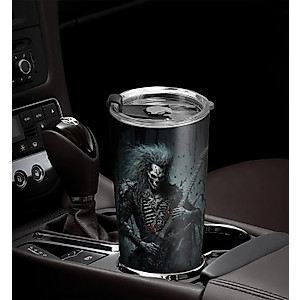 20oz Metal Rock Skull Reaper Electric Guitar Tumbler, Guitarist, Musician Gifts, Coffee Thermos for Men, Stainless Steel Double Wall Vacuum Insulated Coffee Mug, Travel Cup with Lid
