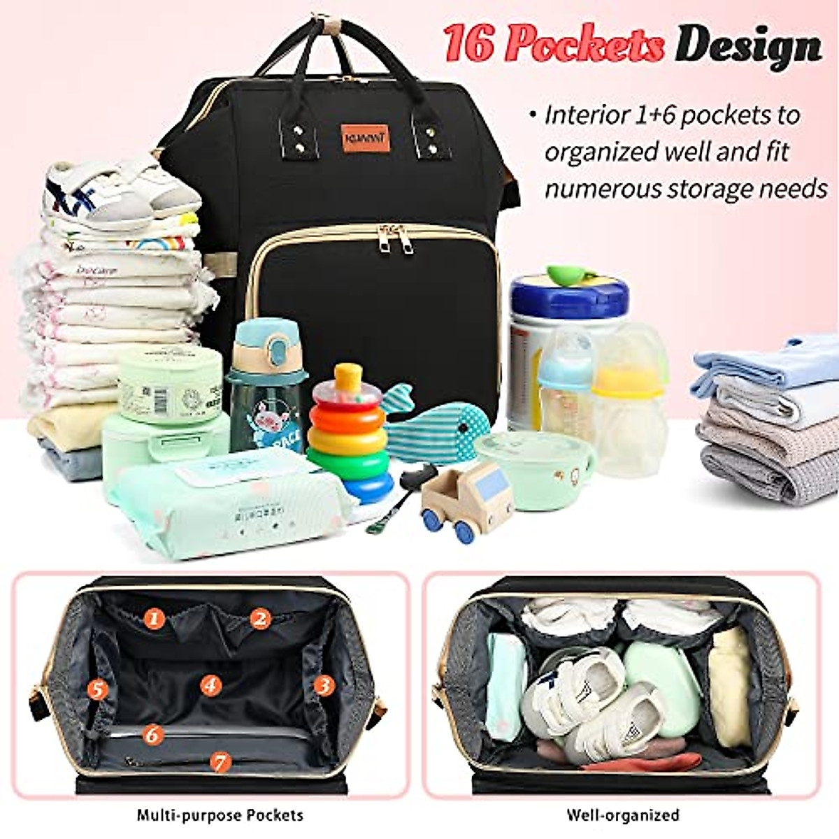 KUWANI Diaper Bag Backpack, Multifunction Travel Baby Changing Bags for Dad/Mom, Large Unisex Waterproof Diaper Backpack with Stroller Straps, Baby Registry Search(Black)