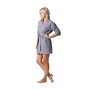 Lightweight Waffle Weave Bath, Spa & Bridesmaids Kimono Short Robes (Gray, L)