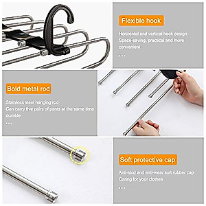 AIR&TREE 4 Pack Pants Hangers Space Saving,Anti-Rust Pants Organizer,Durable and Sturdy Installed Hangers for Pants Scarf Jeans Slack Trousers Ties Towels in Closet,5 in 1(Black)