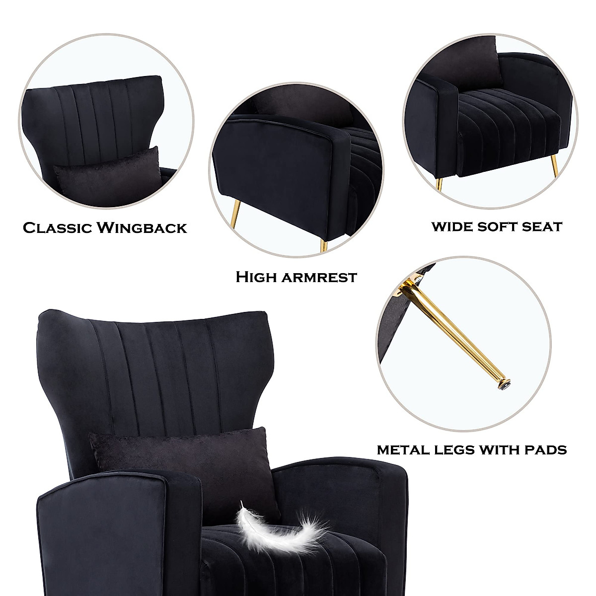chairus Wingback Velvet Accent Chairs Set of 2, Modern Living Room Armchairs Comfy Upholstered Single Sofa Chair for Bedroom Dorms Reading Reception Room with Gold Legs & Small Pillow, Black