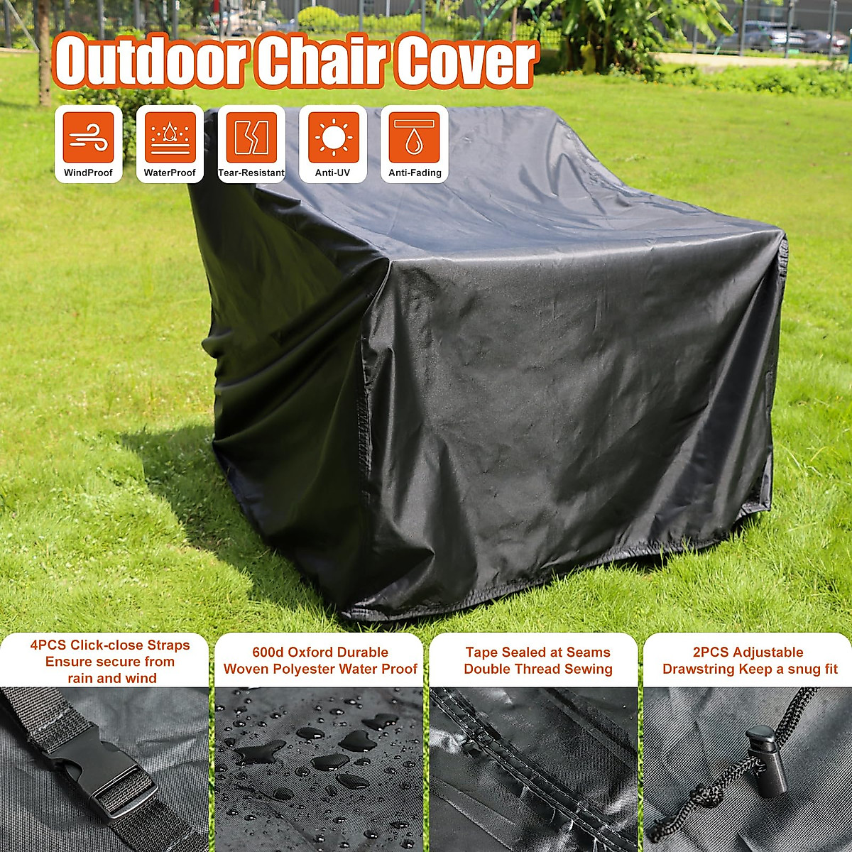 Likorlove Patio Chair Covers for Outdoor Furniture Waterproof, 40" W×40" D×36" H Windproof Lawn Chair Covers 600D Heavy Duty Oxford Cloth, Large Covers for Lounge Lawn Deep Seat, Black (2 Pack)