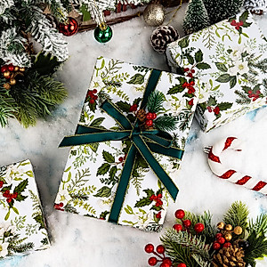 Merture Christmas Wrapping Paper Roll - 17 In X 32.8 Ft (46.5 sq.ft.ttl.) Elegant Christmas Gift Wrap with Watercolor Berry & Bloom Design for Christmas, Birthday, Valentines Day