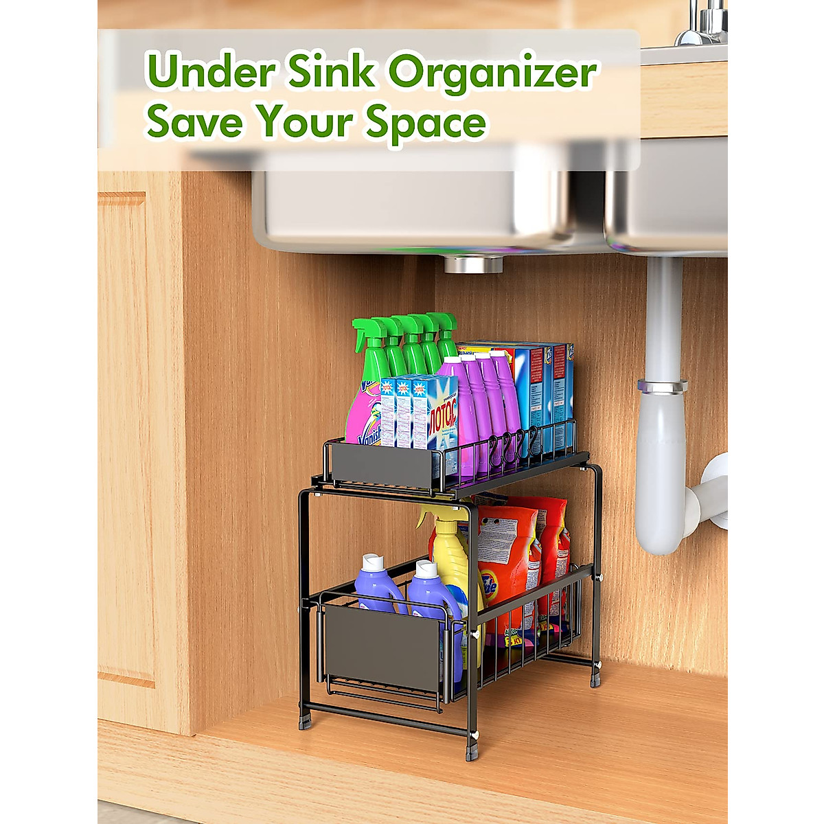 Docusvect Under Sink Organizer, 2-Tier Metal Under Cabinet Sliding Storage, Under Kitchen Sink Organizer, Under Sink Organizers and Storage with Hooks, Organizer for Bathroom Kitchen (Steel-1Pack)