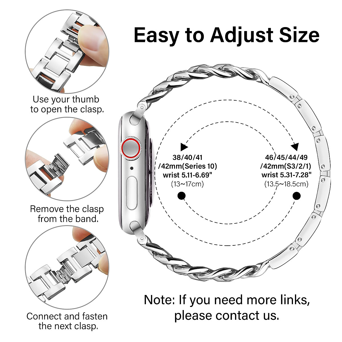 Aniaboho Metal Apple Watch Band Bracelet Compatible with Apple Watch Series 10 SE 9 8 7 6 5 4 3 2 1 Ultra 2 1 Band, Dressy Apple Watch Bands for Women Men, Chain Design Adjustable iWatch Bands for Women Men 42mm(Series 10) 41mm 40mm 38mm (Silver)