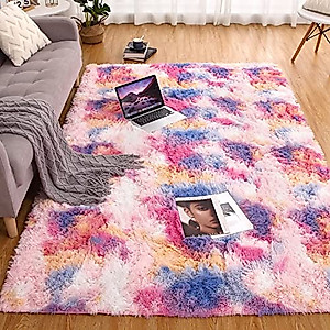 COZYLOOM Soft Fluffy Rainbow Kids Rug Luxury Soft Fluffy Shag Area Rug for Girls Room Plush Thick Non-Slip Indoor Shaggy Rug for Living Room Bedroom Nursery Entryway Cute Carpet 6 x 9 ft Tie-Dyed Pink