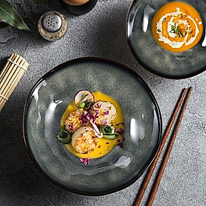 fMBB 33 OZ Ceramic Bowl Pasta Bowls Set of 4, Great Salad Bowl Set, Large Bowl For Eating, Dinner Bowls, Stackable Serving Bowls, Reactive Glaze Series, Black